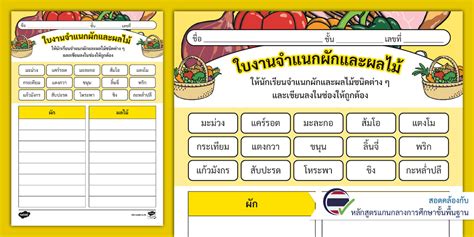 ใบงานจำแนกผักและผลไม้ สื่อการสอนวิทยาศาสตร์