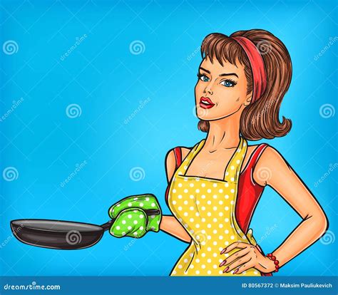 Pop Art Girl In An Apron Holding A Frying Pan Stock Vector