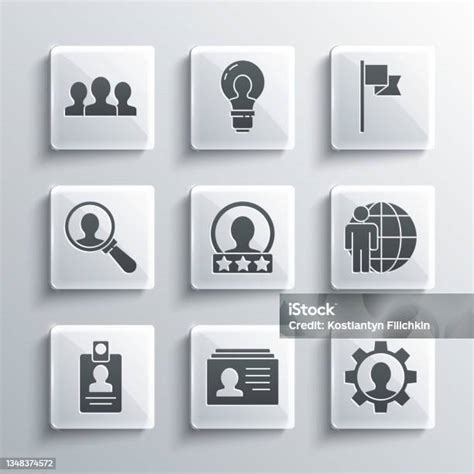 이력서 설정 기어가있는 인간 헤드 사냥 계정 화면 만들기 식별 배지 검색을위한 돋보기 사용자 그룹 및 위치 마커 아이콘 벡터 개념에 대한 스톡 벡터 아트 및 기타 이미지