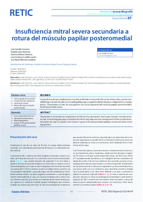 Pdf Insuficiencia Mitral Severa Secundaria A Rotura Del Músculo