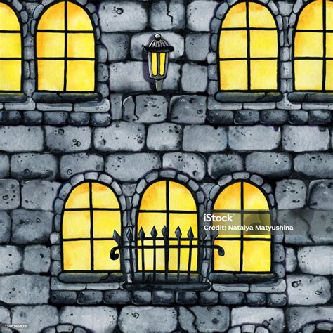 고딕 양식의 성 원활한 패턴 할로윈 끔찍한 집과 연회장 흰색 흰색에 고립 된 손으로 그린 수채화 그림 유령의 집 풍경 할로윈 휴가 디자인에 대한 풍경 10월에 대한 스톡