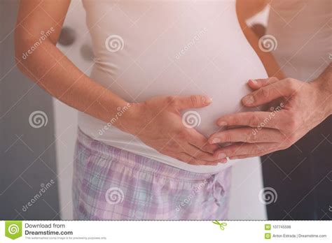 Pregnant Wife With Husband Man Touching Belly Of Pregnant Woman Stock