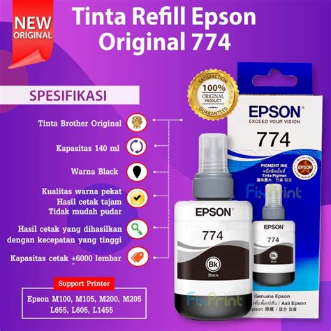 Jual Tinta Epson T7741 Black Hitam Original T774 Printer M100 M200 K200