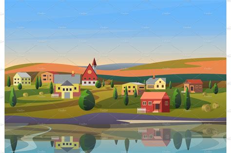Small Town Landscape Vector Illustration