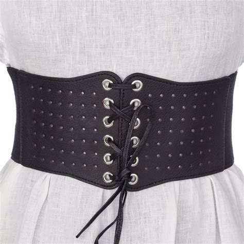 Centura Corset Lata Din Piele Ecologica Neagra Perforata Cu Siret Si