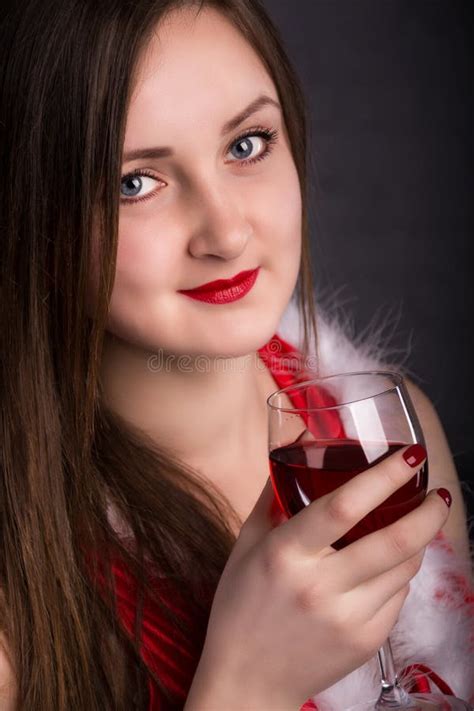 Girl With A Glass Of Wine In A Red Dress Stock Image Image Of Holiday