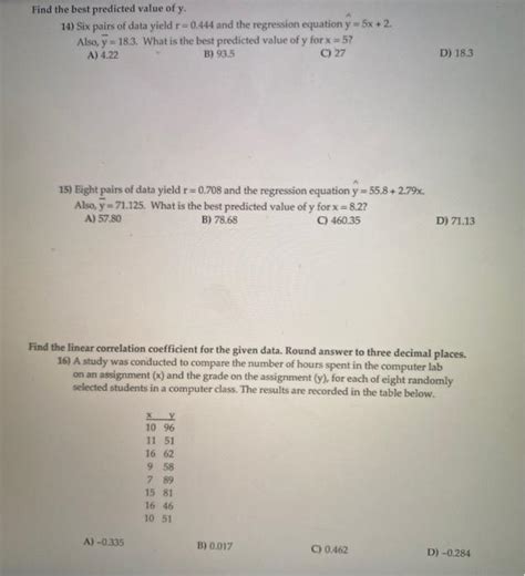Solved Find The Best Predicted Value Of Y 14 Six Pairs Of