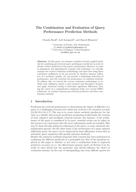 Pdf The Combination And Evaluation Of Query Performance Prediction