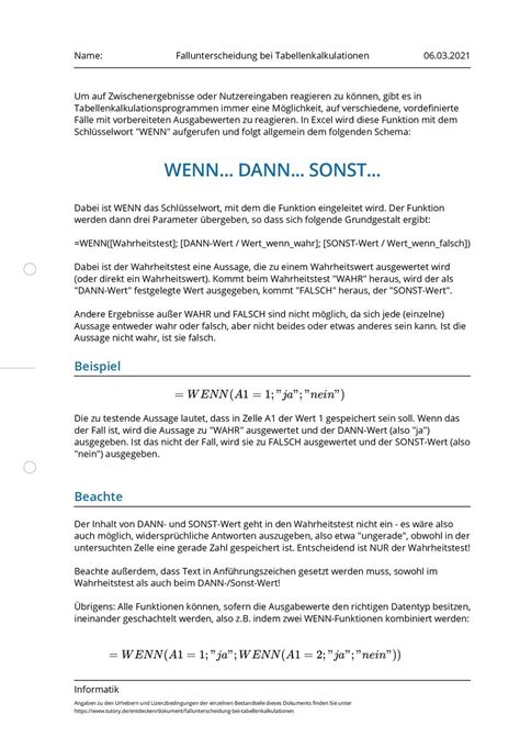 Arbeitsblatt Fallunterscheidung Bei Tabellenkalkulationen