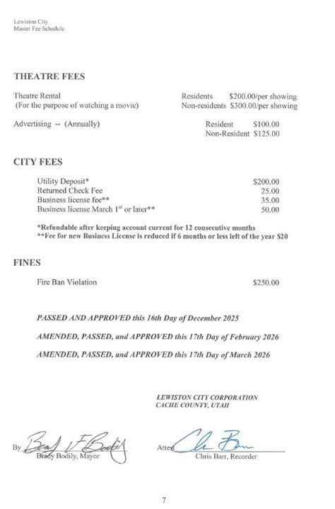 Summary Of Fees City Of Lewiston Utah