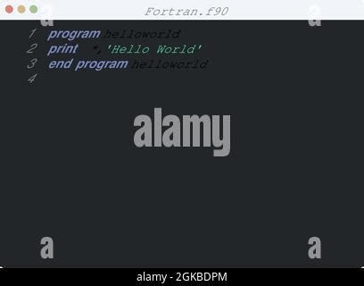 Fortran Language Hello World Program Sample In Editor Window Illustration Stock Vector Image