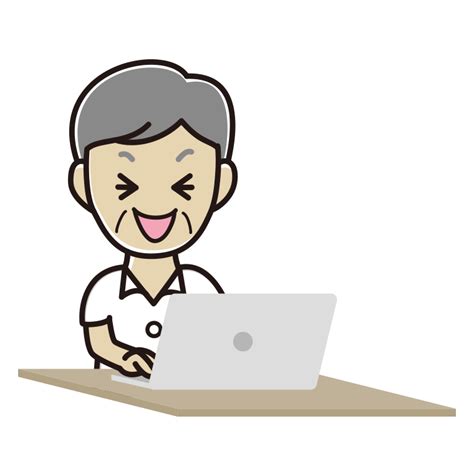 【ビジネスフリー素材】パソコン使用中に笑う年配男性会社員（クールビズ）のイラスト｜【free Illustrations】かわいい無料イラスト