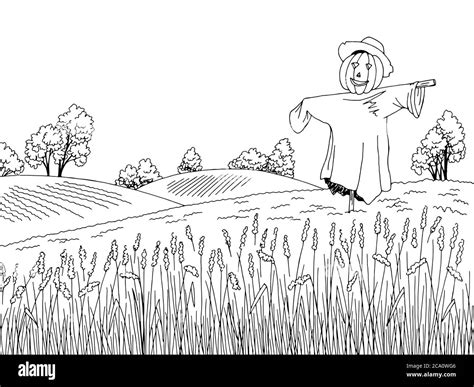 Field Scarecrow Graphic Black White Landscape Sketch Illustration