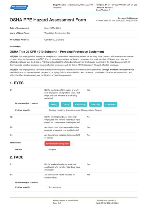 OSHA PPE Hazard Assessment Form Template