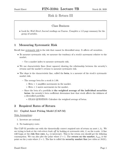 Fin 3104 Lecture 7b Risk And Return Iii Daniel Eisert Fin 3104 Lecture 7b March 26 2020 Risk