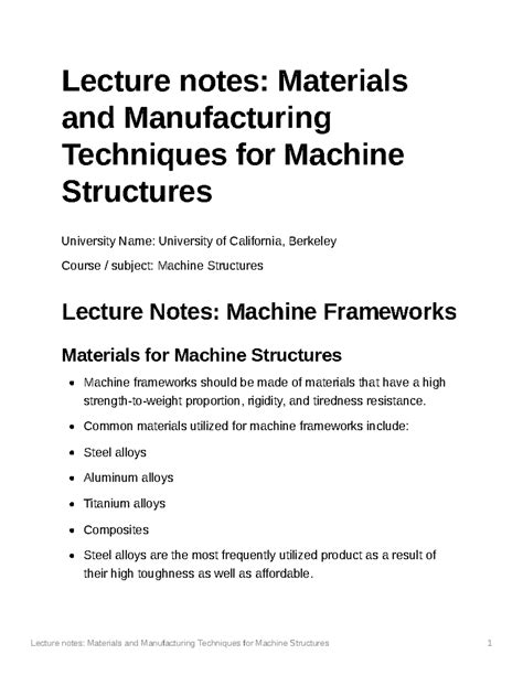 Lecture Notes Materials And Manufacturing Techniques For Machine