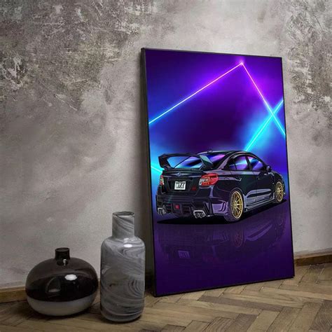 Subaru Impreza Wrx Sti Neon Light Car Poster Wall Print Illustrations