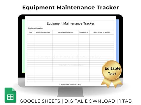 Equipment Maintenance Tracker Text Editable Repair And Preventative