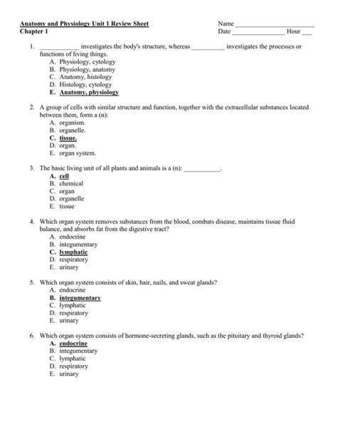 Anatomy And Physiology Unit 1 Review Sheet