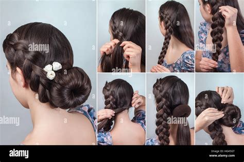 Romantic Braided Bun Updo With Flowers Tutorial Stock Photo Alamy