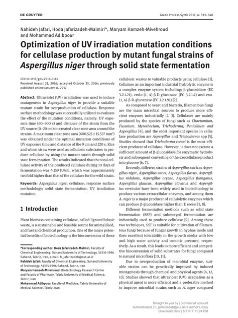 Pdf Optimization Of Uv Irradiation Mutation Conditions For Cellulase Production By Mutant