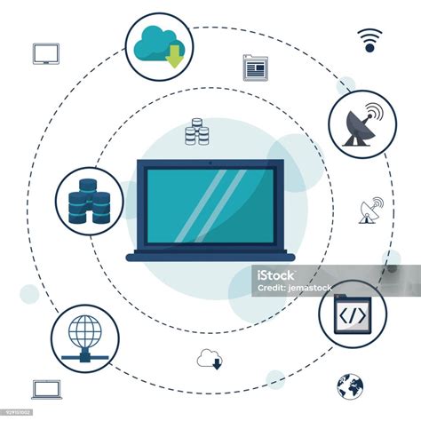 노트북 컴퓨터와 아이콘 네트워크 연결 및 통신 주변 색 배경 네트워크 서버에 대한 스톡 벡터 아트 및 기타 이미지 네트워크 서버 네트워크 연결 플러그 노트북 Istock