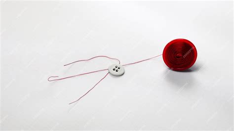 Premium Photo Sewing Needle String And Red Button On White Cloth