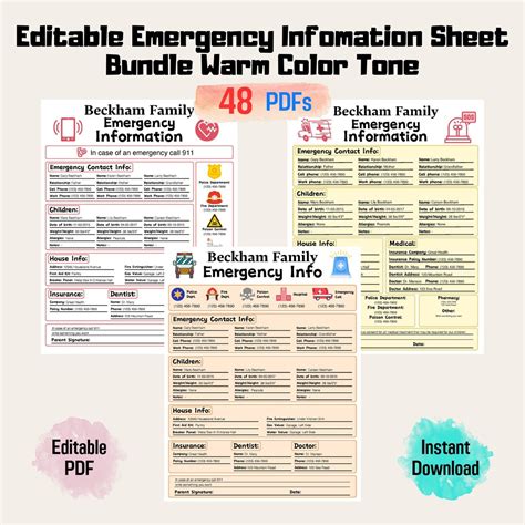 Editable Emergency Information Sheet Bundle Warm Color Tone In Case Of