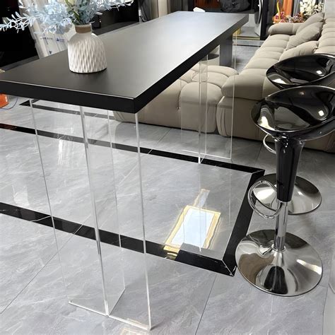 Modern Black Rectangular Bar Table With Clear Double Pedestal Base Bar Tables