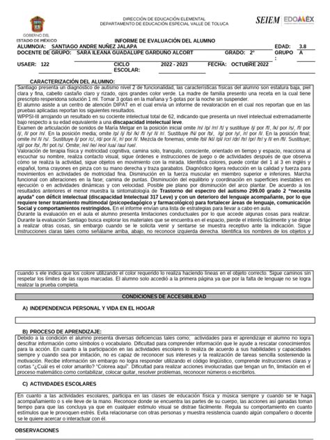 Informe De Evaluación Del Alumno Inicial Usaer Pdf