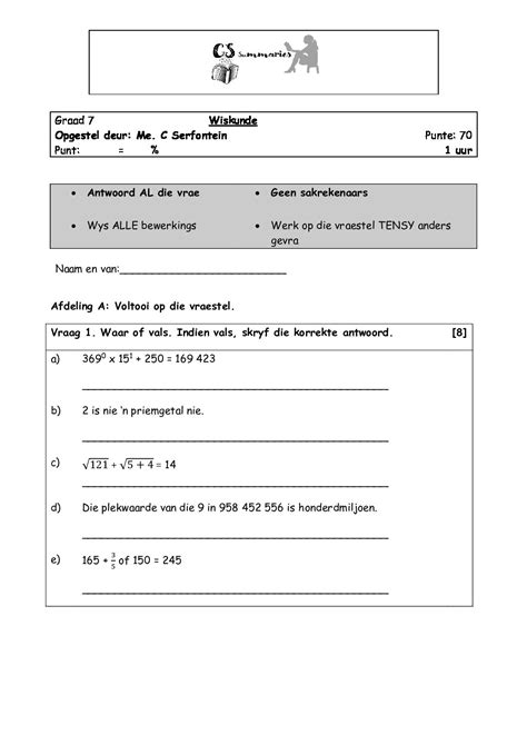 Graad 7 Wiskunde Toets Kwartaal 1 Teacha