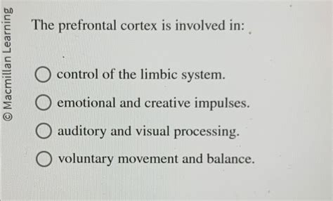 Solved The Prefrontal Cortex Is Involved In Control Of The Chegg Com