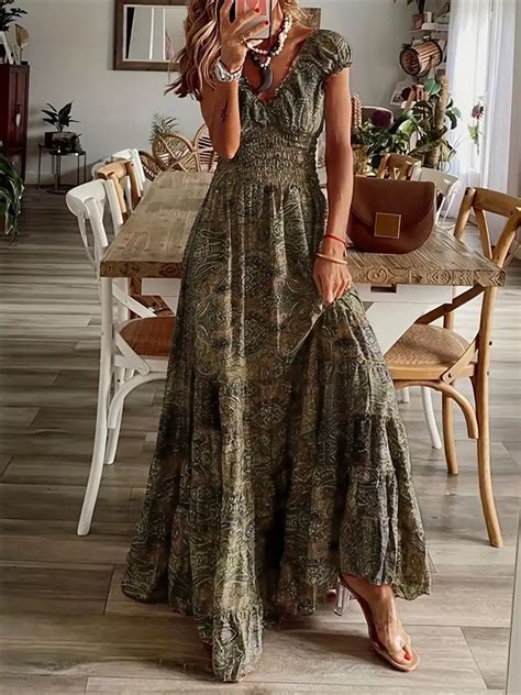 Plus Size Elegant Dress Womens Plus Floral Print Bubble Sleeve V Neck