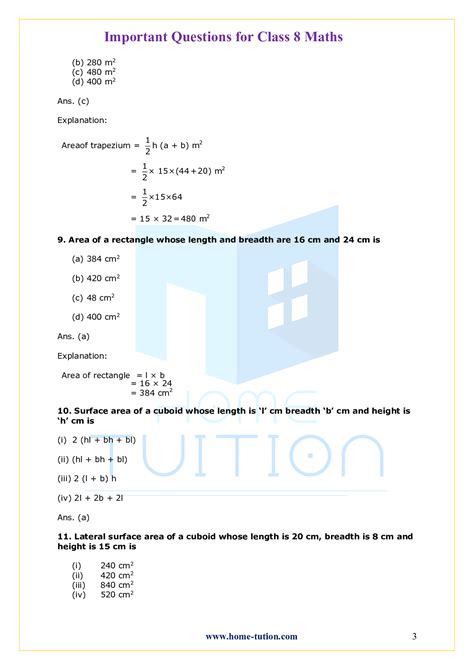 Important Questions For Cbse Class 8 Maths Chapter 11 Mensuration