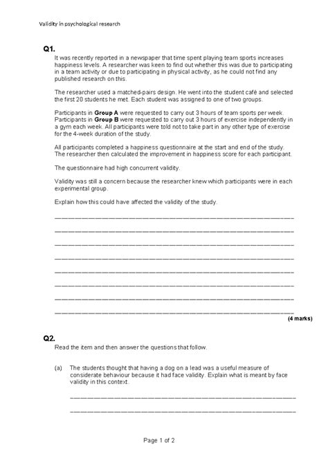 Validity Exam Practice Validity In Psychological Research Q1 It Was