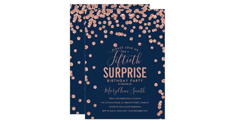 50th Surprise Birthday Rose Gold Navy Blue Invitation