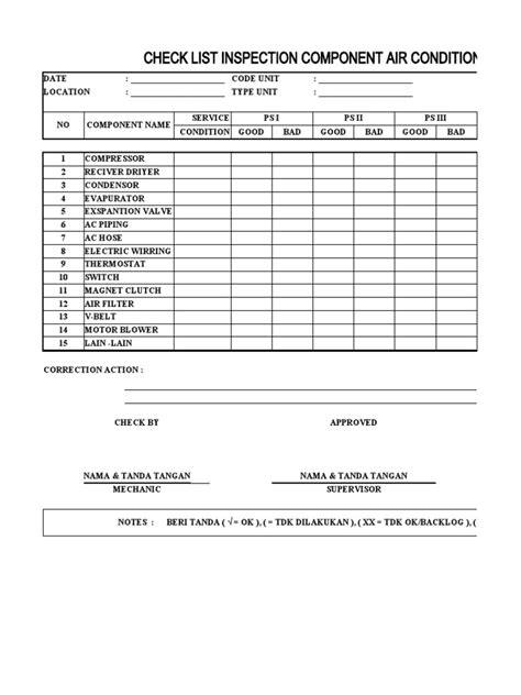Inspection Sheet Untuk Air Conditioner Pdf