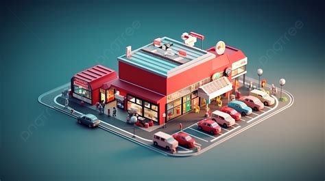 帶汽車的等距便利店的 3d 低聚渲染 等距商店 街边小店 等距街道背景圖片和桌布免費下載