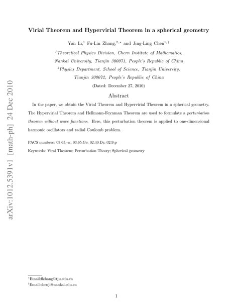 Pdf Virial Theorem And Hypervirial Theorem In A Spherical Geometry