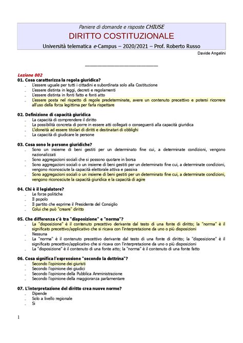 Paniere Risposte Chiuse Diritto Costituzionale Ecampus Prof Russo