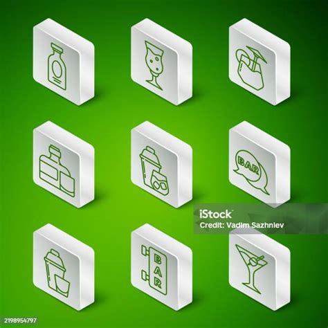 세트 라인 마티니 잔 바가있는 거리 간판 알코올 음료 럼 칵테일 셰이커 위스키 병 및 맥주 한 잔 및 아이콘 벡터 3차원 형태에 대한 스톡 벡터 아트 및 기타 이미지