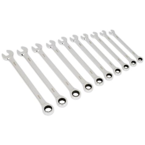 Sealey Ak63910 Combination Ratchet Spanner Set 10pc Extra Long Metric