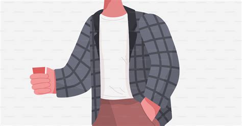 체크 무늬 재킷을 입은 웃는 남자 젊은 사업가가 흰색 옷을 입고 커피 한 잔을 들고 전성기에 서 있다 정장을 입은 사업가 남성