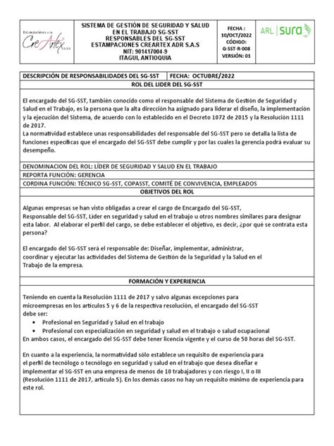 Responsabilidades Sgsst Pdf Seguridad Y Salud Ocupacional Business