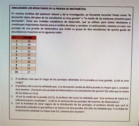 SOLVED ANALIZAMOS LOS RESULTADOS DE LA PRUEBA DE MATEMÁTICA Ayúdenme por favor