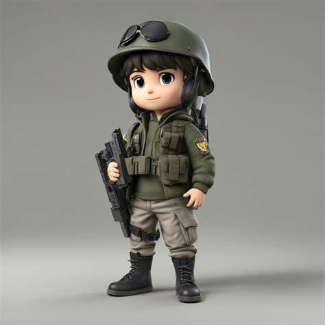 배낭을 사용하여 총과 재킷을 입은 Chibistyle 3d 귀여운 육군 군인 캐릭터 소년 프리미엄 사진