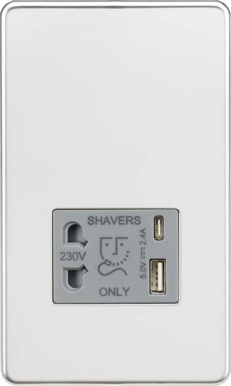 230v Shaver Socket With Dual Usb A C [5v Dc 2 4a Shared] Polished Chrome With Grey Insert Ml
