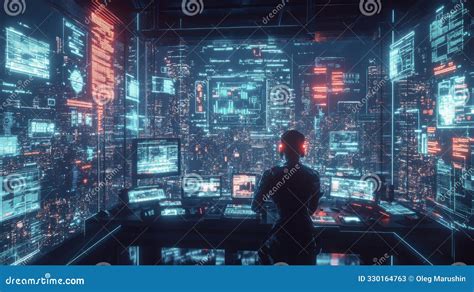 A Hacker In A Cyberpunk Suit In A Futuristic Room With Neon Lights And