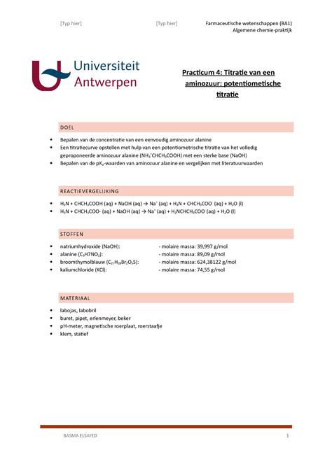 Practicum 4 Titratie Van Een Aminozuur Algemene Chemie Praktijk