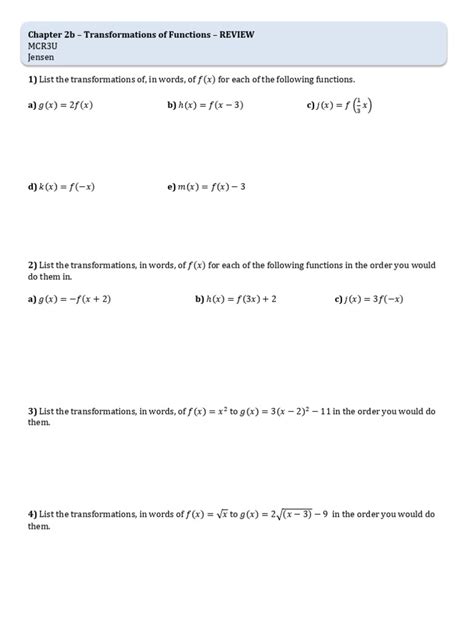 Chapter 2b Transformations Of Functions Review Pdf Function Mathematics Mathematical